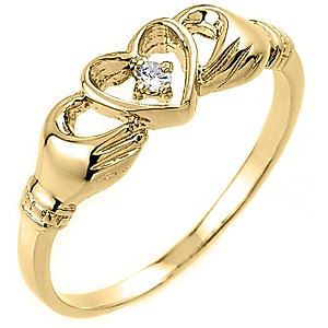 10k Yellow Gold Diamond Accent Solitaire Open Heart Claddagh Ring (J-K Color, I1-I2 Clarity)- Size 10-1/2