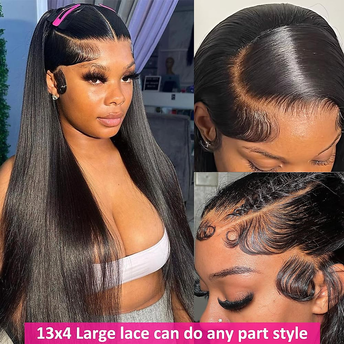 Hermosa 13x4 Straight Human Hair Lace Front Wigs for Black Women 26 inch 180 Density HD Lace Front Wig Human Hair Pre Plucked with Baby Hair Natural Hairline Black Color