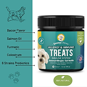 SUNNYCHEWS Allergy Relief for Dogs Itching| Dog Allergy Chews with Probiotics| Seasonal Allergy Support for Dogs| Allergy Immunity for Dogs| Help Relieve Skin, Itch Relief for Dogs| Bacon 90Chews 12oz