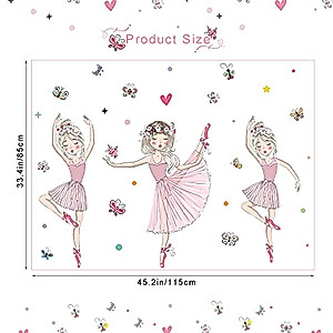 3 Pink Ballerina Baby Girls Wall Stickers, ULENDIS Removable Lovely Ballet Girls with Butterfly Wall Decals, Little Princess Wall Art Decor for Girls Bedroom Living Room Dance Room