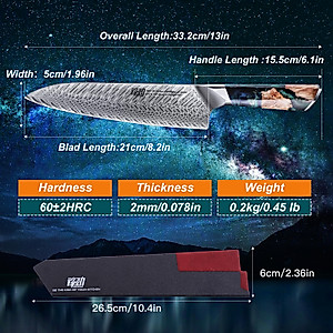 FINDKING Nebula Series Chef Knife with ABS Sheath, Multipurpose Japanese Gyuto Knife, 10Cr15CoMov Damascus Steel Blade, Resin and Figured Sycamore wood Handle, Full Tang, 8 Inch, Blue, for Meat