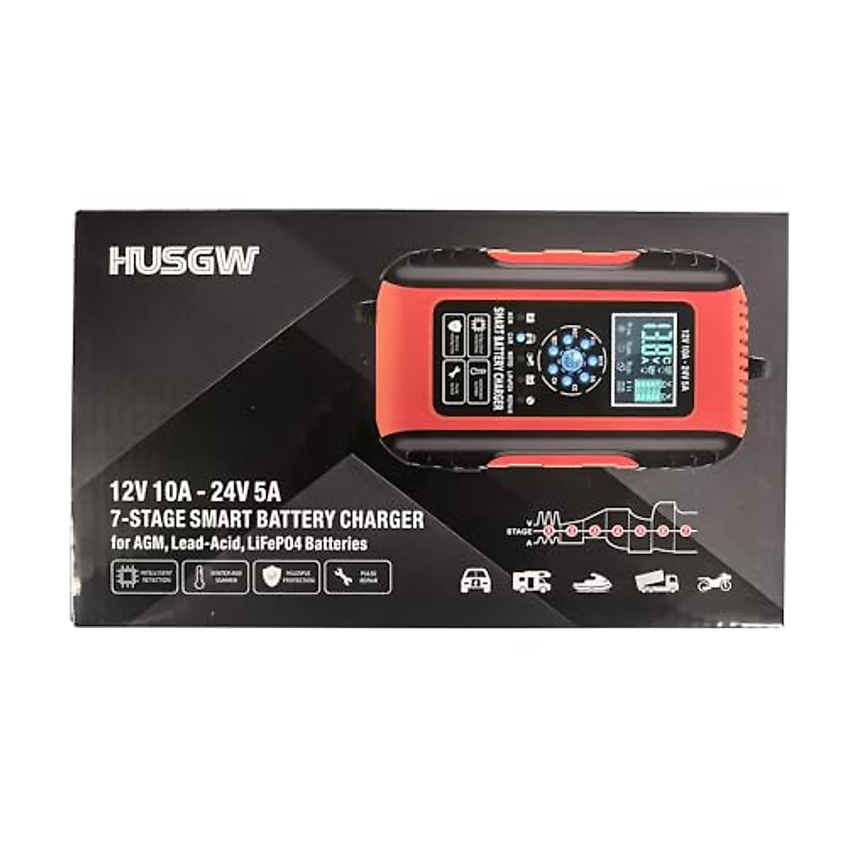 10A 12V/24V Trickle Charger, Smart Automatic Battery Automotive 7-Stage Charging Battery Maintainer with Pulse Repair Function, for Car Truck Motorcycle Lawn Mower Boat