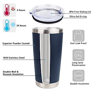 CZBOLINY 20oz/600ml Tumbler with 2 Lids,2 Straws,Insulated Stainless Steel Coffee Travel Mug,Double Wall Vacuum Thermal coffee cups. Navy Blue Tumbler