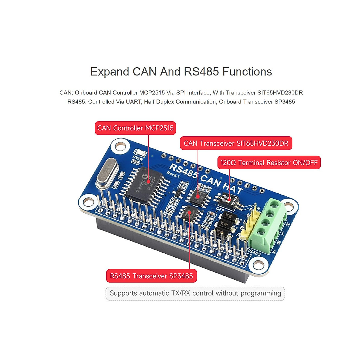 RS485 CAN HAT for Raspberry Pi 4 3/2/1 Model B B+ A+, Onboard CAN Controller MCP2515 via SPI Interface, Transceiver SN65HVD230 and SP3485, Allow Long-Distance Communication via RS485/CAN Function