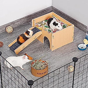 Guinea Pig Castle, Wooden Guinea Pig Hideout with Cave Stairs & Mat, Small Animal House Bed Hut Habitats for Hamsters Bunny Chinchillas Playing Sleeping Hiding