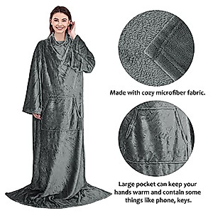Fleece Wearable Blanket with Sleeves and Kangaroo Pocket for Women Man Adult, Super Soft Warm TV Throw Blanket with Snap Button, Body Wrap Robe Blankets with Arms, Gray