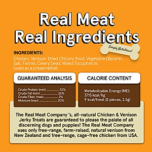 Real Meat Dog Treats - 12oz Bag of Bite-Sized Air-Dried Venison & Chicken Jerky for Dogs - Grain-Free Jerky Dog Treats Made up of 95% Human-Grade, Free-Range Venison & Chicken - All-Natural Dog Treats