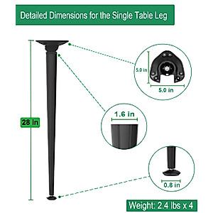 waaliji 28 inch Folding Table Legs Collapsible Metal Home DIY Furniture Legs Foldable Desk Leg with Adjustable Floor Protectors for Round or Square Table, Matte Black, Set of 4