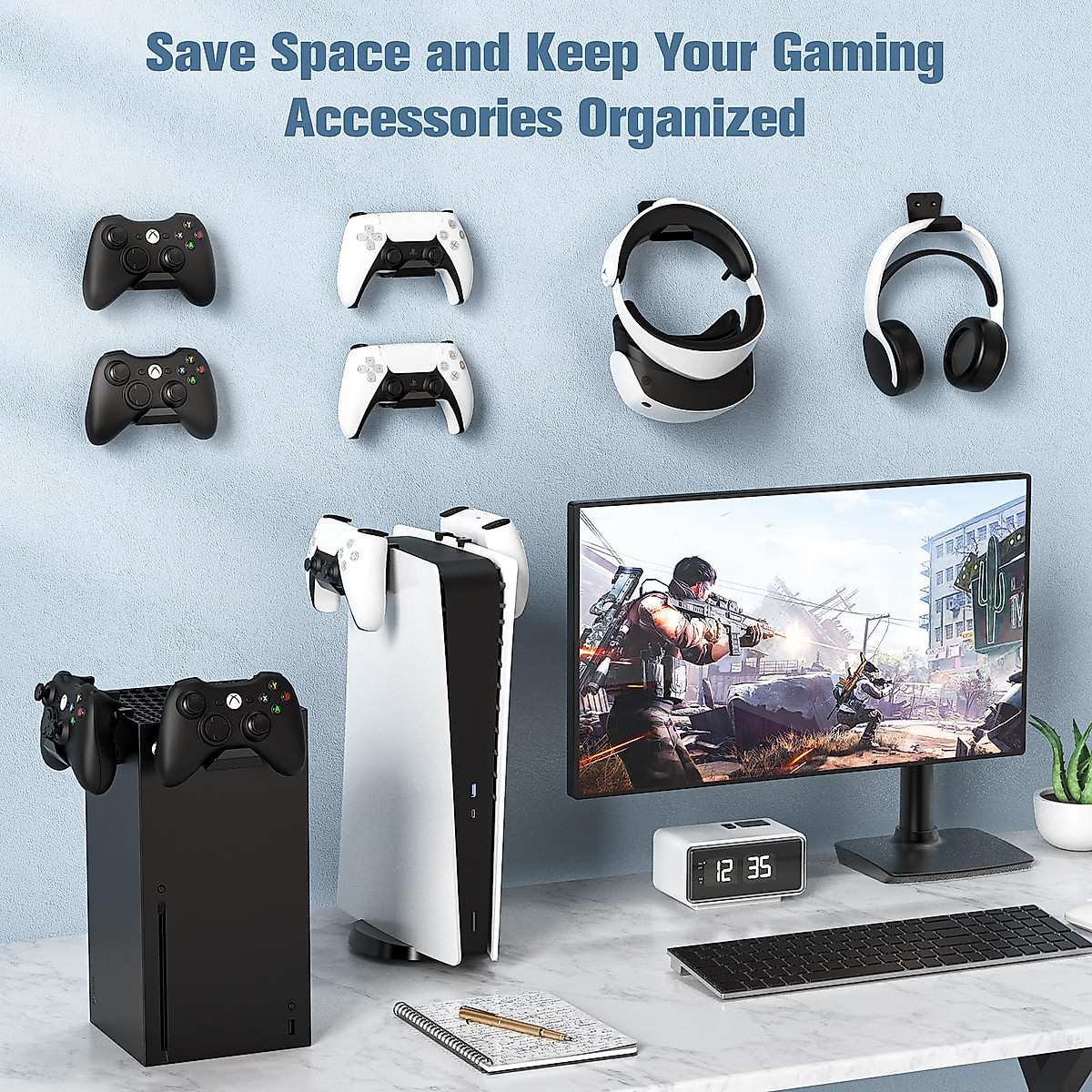 KUNSLUCK 6 Pack Controller Wall Mount for PS5, Xbox, Switch Controller, Wall Mount Stand for Controller&Headset, Adhesive/Screws Installation (Black)