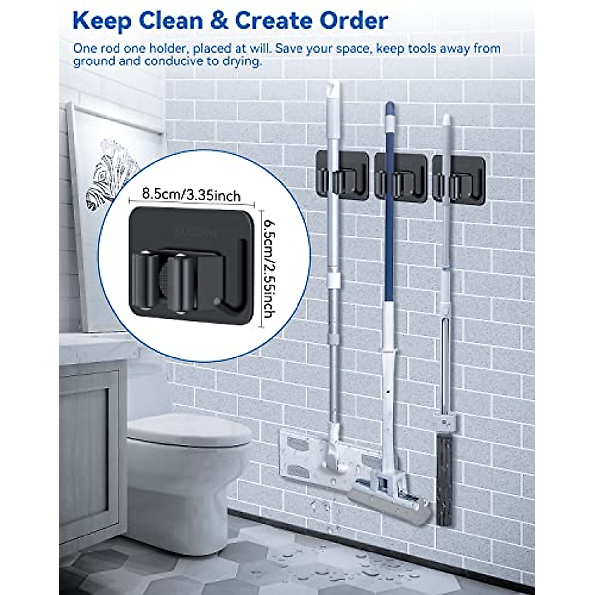 4 Pack Broom Holder Wall Mount, Broom Holder, Mop and Broom Holder Wall Mount, Broom Organizer Wall Mount, Broom Hanger Wall Mount, Mop Holder, Broom Holder Wall Mount Self Adhesive for Kitchen Toilet Storeroom