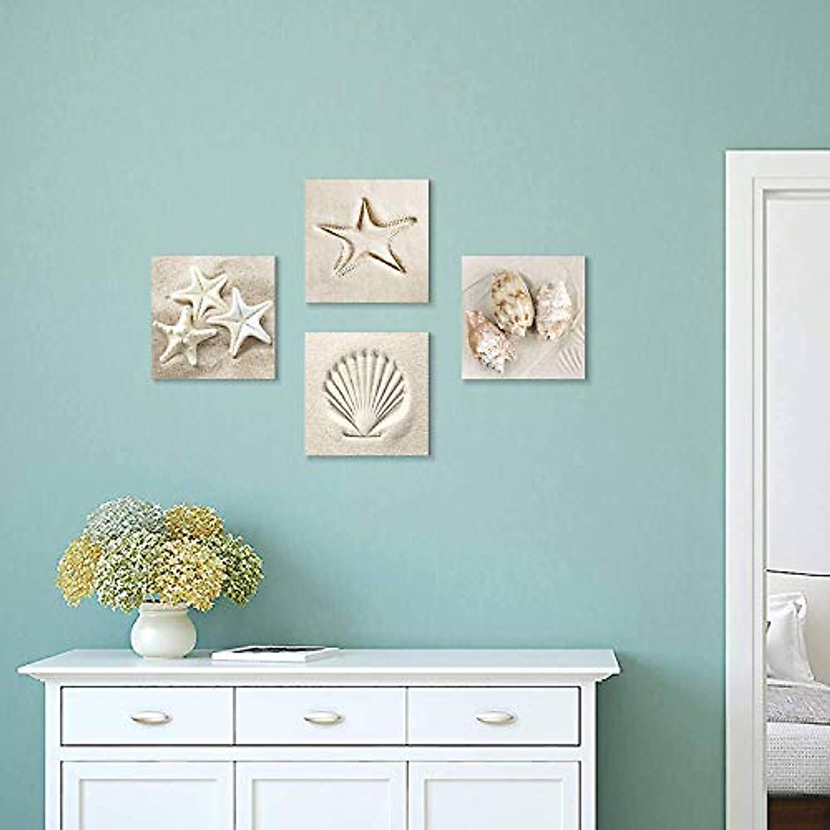Coastal Serene Canvas Wall Art: Shells on Beach Sand Giclee Print Painting for Wall Decor for SPA Room (12''x12''x4pcs)