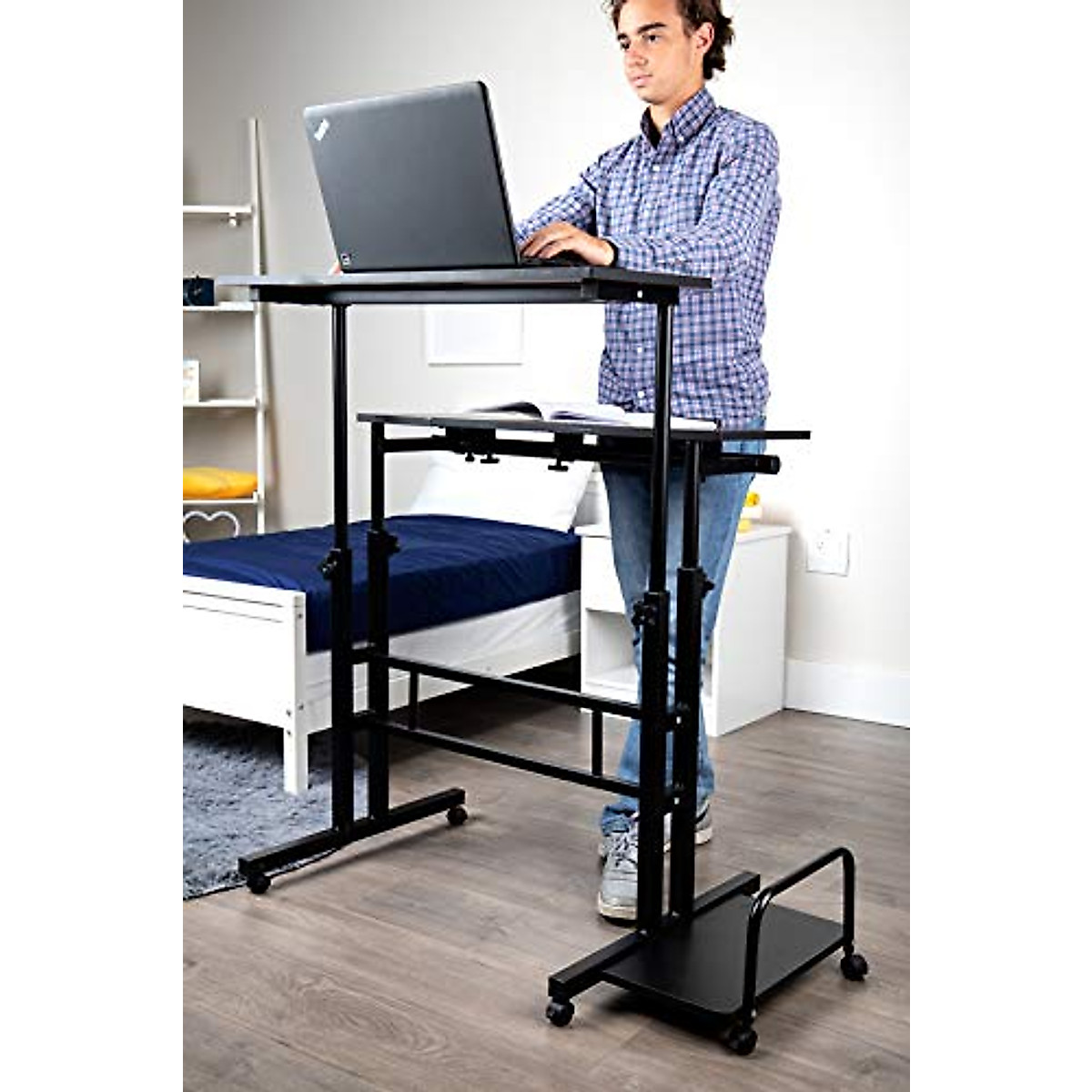 Mind Reader Woodland Collection, Mobile Sit/Stand Laptop Desk with Side Storag Adjustable, Tiltable, Lockable Casters, Portable, X-Large, Black