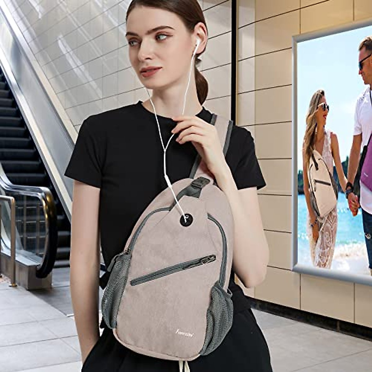 Fancosni Sling Bags for Women Men, Crossbody Sling Backpack, Chest Bag Lightweight Shoulder Bag, Multipurpose Sling Bag for Travel, Hiking, Shopping, Walking, Biking, Cycling, Earphone Hole, Beige