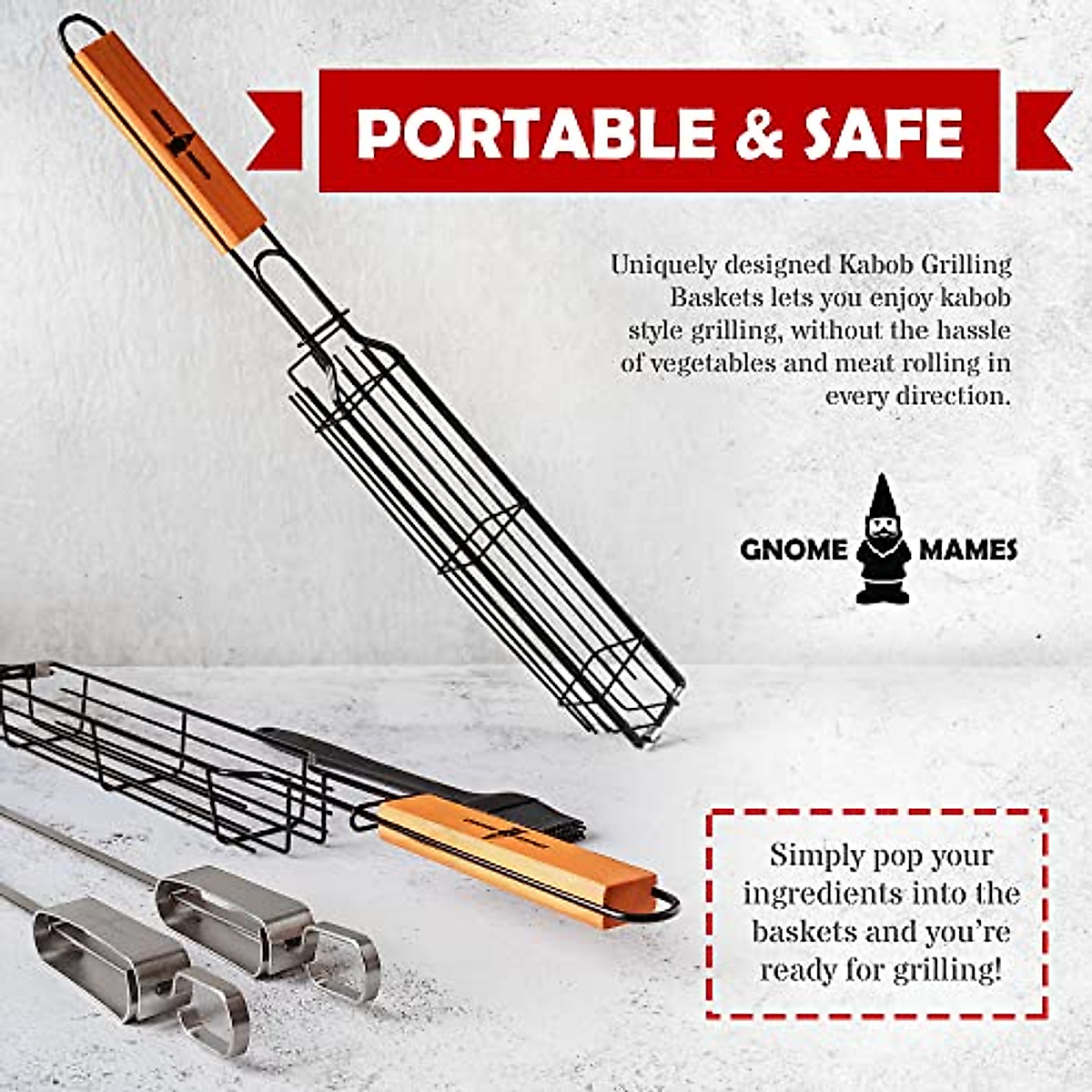 Gnome Mames Kabob Grilling Baskets - Set of 8 Large BBQ & Veggie Grill Baskets + Stainless Steel Skewers - Silicone Basting Brush - Easy Vegetable & Meat Removal with No Mess Slider - Basket Lid Holds Ingredients- Gifts For Father, Dad, or Husband-BBQ Gri