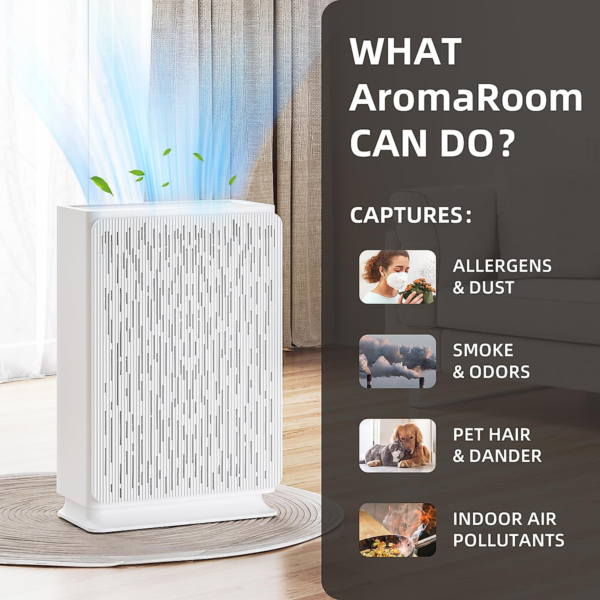 AromaRoom True HEPA H14 Air Purifier for Large Room Up to 2100 Sq Ft, Air Purifiers for Home Bedroom with Air Quality Sensor, Filters Up to 99.99% of Pet Dander, Pollen, Allergens, Dust, Odors (White)