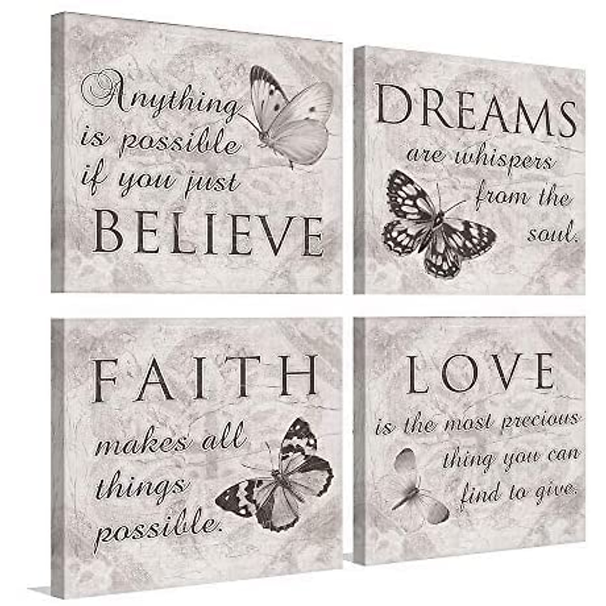 Butterfly Wall Art Grey Love Dream Faith Believe Quotes Pictures Bathroom Bedroom Living room Wall Decor Canvas Posters Prints (12 * 12inch*4)
