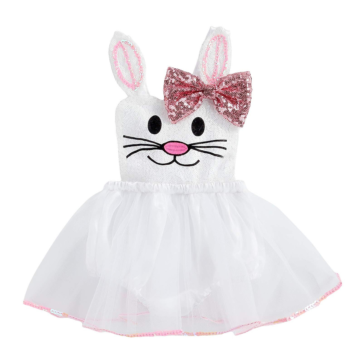 Infant Toddler Baby Girl Easter Outfits Sequin Rabbit Bunny Romper Tutu Dress Bow Halter Sleeveless Bodysuit Party Dresses (White, 18-24 Months)