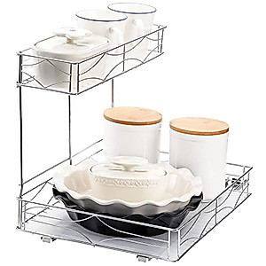 Elsjoy Under Sink Pull Out Sliding Shelf, 2 Tier Cabinet Storage Organizer Slide Out Drawer Basket with EVA Liner Pads for Kitchen, Bathroom, Request at Least 13.5" Cabinet Opening
