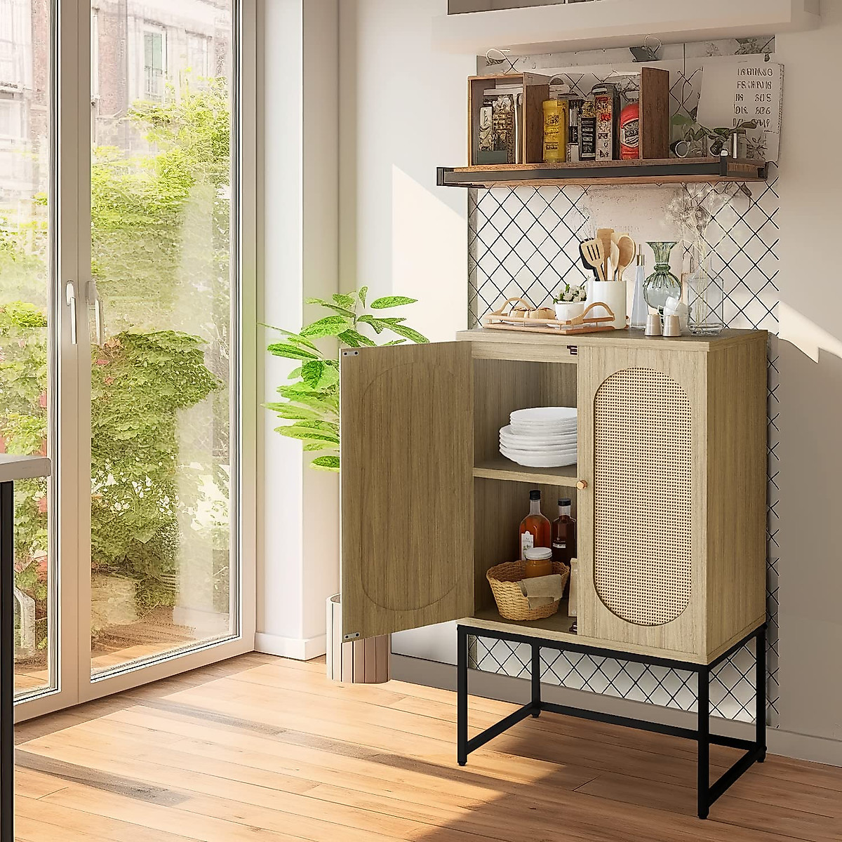 Lamerge Rattan Cabinet,2 Door Sideboard Buffet Cupboard Accent High Cabinet with Natural Rattan,Free Standing Bookmatch,Adjustable Shelves,Easy Assembly,Rustic Oak Beige (LRC-ob)