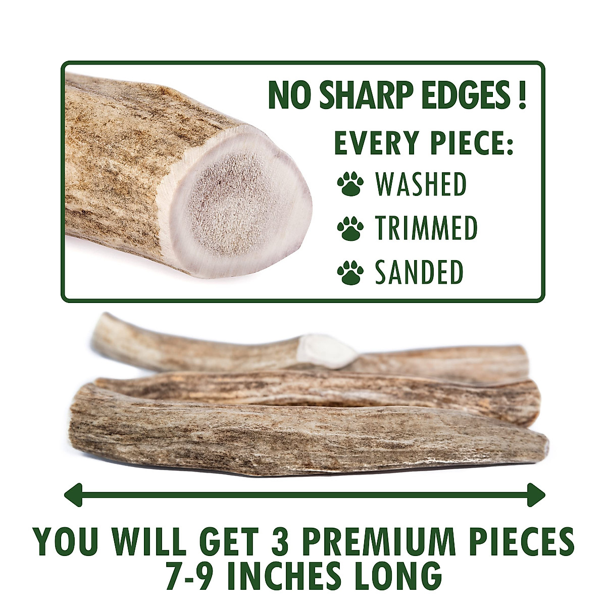 Wildeers Large Deer Antlers for Dogs - Premium Dog Antler Chews - Made in USA, Naturally Shed, Healthy Treat - Grade A, 7-9 in, 3 Pieces, Long Lasting Antler Chew Bones for Aggressive Chewers