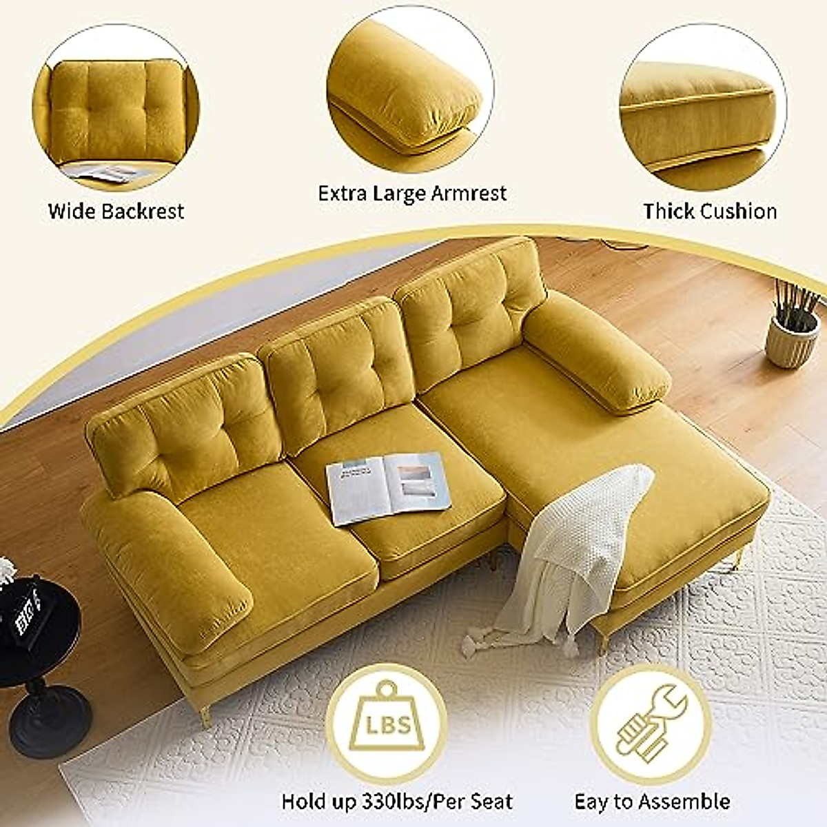 Eafurn Button Tufted Velvet Sectional, L-Shape Corner Extra Wide Chaise Lounge and Arm-Pillows, Right Hand Facing Comfy Sofa & Couches for Living Room,Up to 3 Seating Capacity, Yellow 83"
