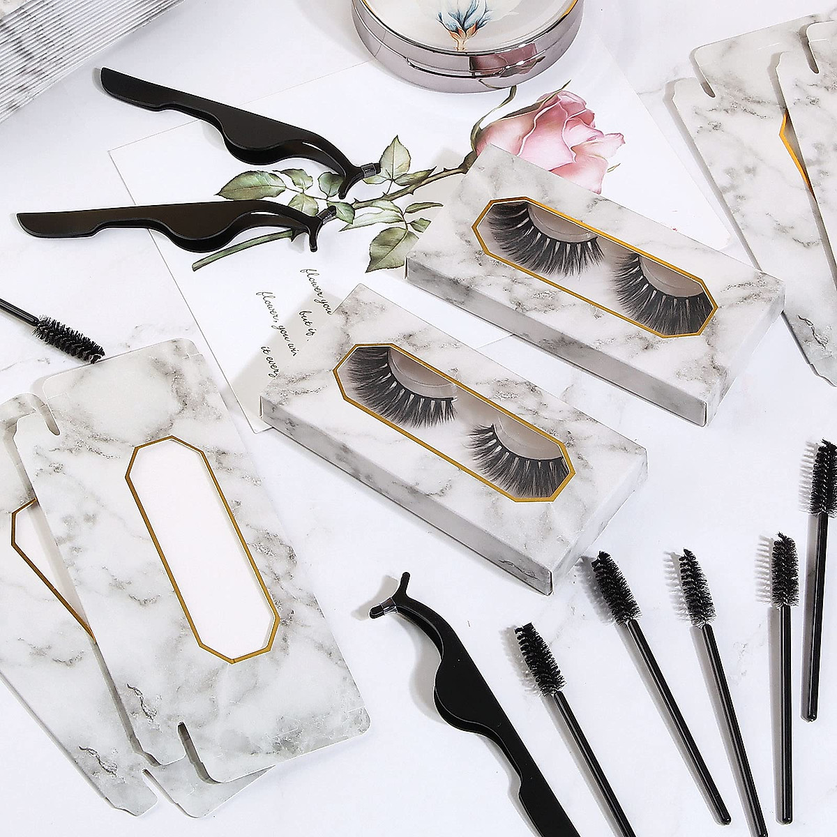 175 Pieces Lash Packaging Wholesale, Include 30 Empty Eyelashes Packaging Box, 30 False Lash Trays, 15 Eyelash Tweezers and 100 Eyelash Brush Mascara Wands Disposable (Marble)