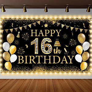 ZOIIWA 16th Birthday Backdrop Lighted Party Decorations Sweet 16 Backdrop with LED Light for Boys Girls Party Supplies Black Gold Happy 16th Birthday Photo Props Background with Light Party Favor