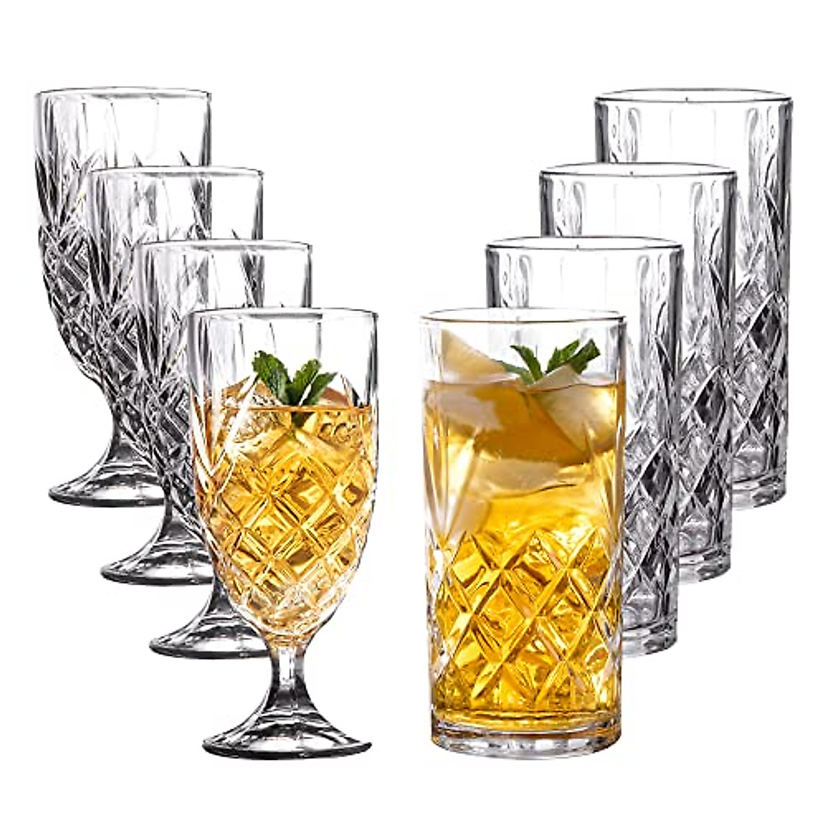 Royalty Art Kinsley Tall Highball Glasses and Long-Stem Tumbler sets of 8,Textured Designer Glassware for Drinking Water, Beer, or Soda, Trendy and Elegant Dishware, Dishwasher Safe