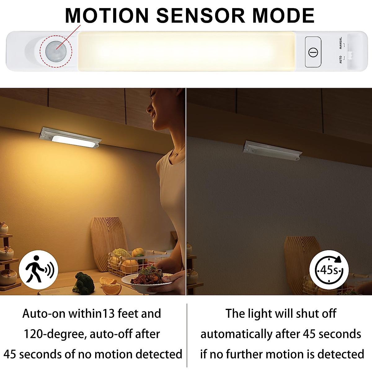 LUXSWAY LED Motion Sensor Light Indoor, Dimmable Under Cabinet Lights, Manual ON/Off, Battery Operated Closet Lighting Bar, Shelf Light, Stick-on Anywhere Night Lighting for Kitchen Wardrobe Pantry