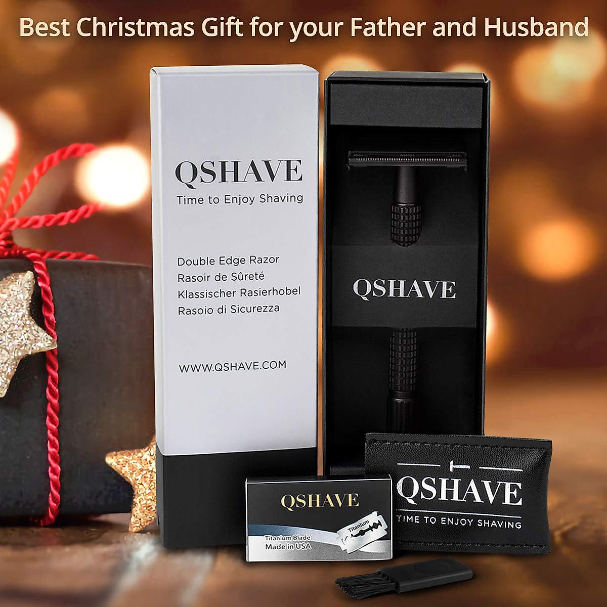 QSHAVE Double Edge 4 inch Long Handle Safety Razor for Men or Women Twist Butterfly Open Matte Black Steel Coating (1 Razor + 5 pcs Titanium Coated Blades + Leather Travel Case)