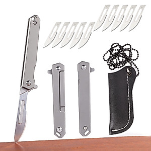 TENCHILON T31 Mini Slim Titanium Flipper Folding Scalpel Pocket Knife, 10pcs #24 Blades Tiny Small Micro EDC Keychain Knives for Men Women