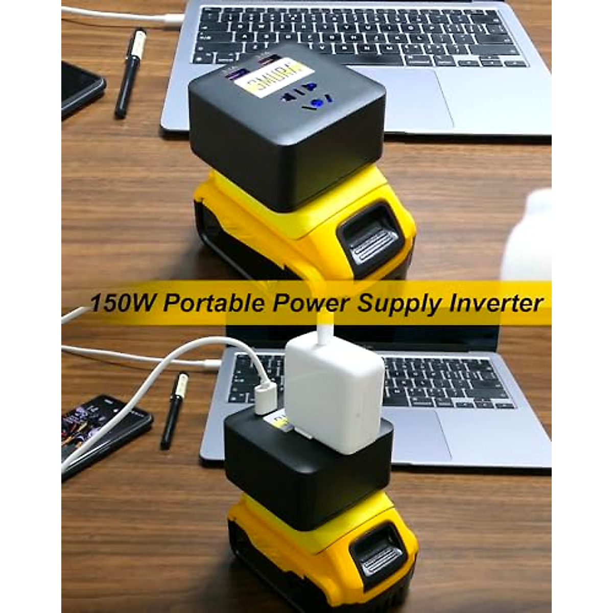 150W Portable Power Supply Inverter Fit for Dewalt Battery, DC 18-20v to AC 110-120v for Road Trip Home Emergency Laptops and Other Small Devices Tool, with Dual USB 5V 3.1A and 1 AC Socket