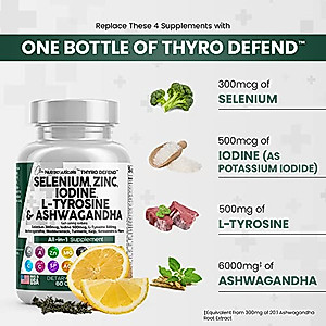 Selenium 300mcg Zinc 50mg Iodine 500mcg L Tyrosine 500mg Ashwagandha 6000mg - Thyroid Support Supplement for Women and Men with Bladderwrack, Turmeric, Kelp, Schisandra - Made in USA 60 Caps