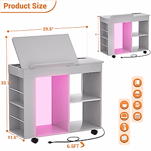 Cyclysio Adjustable End Table, Mobile Side Table with Power Outlets, 3-Tier Laptop Table with Adjustable Top Board, Storage Bedside Table with LED Lights, Rolling End Table, Livingroom, Bedroom, Grey