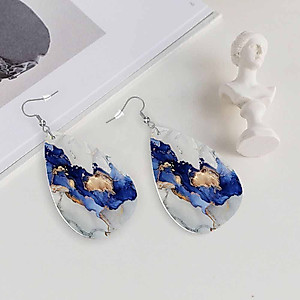 Blue and Gold Marble Earrings for Women Liquid Alcohol Ink Fluid Teardrop Dangle Faux Leather Earrings Holiday Earrings for
