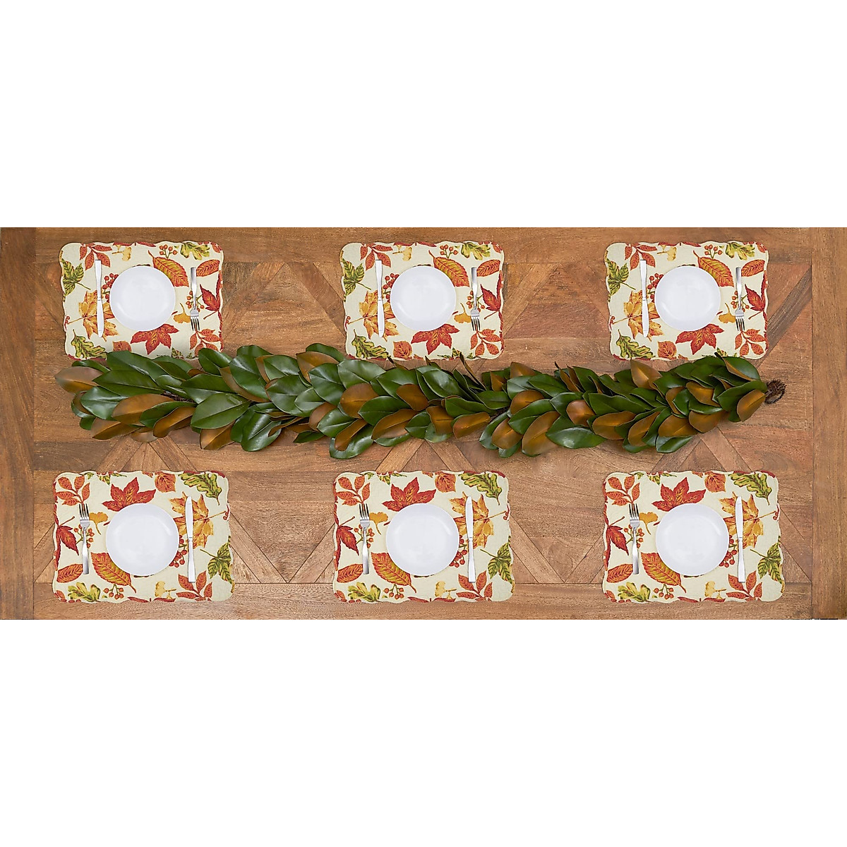 C&F Home Rylie Cotton Quilted Reversible Placemat Set 6 Rectangle Oblong Machine Washable Mats Floral Leaves Fall Harvest for Kitchen or Dining Table Rectangular Placemat Set of 6 Orange