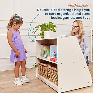 ECR4Kids Double-Sided Mobile Book Display with Storage, Classroom Bookshelf, White Wash