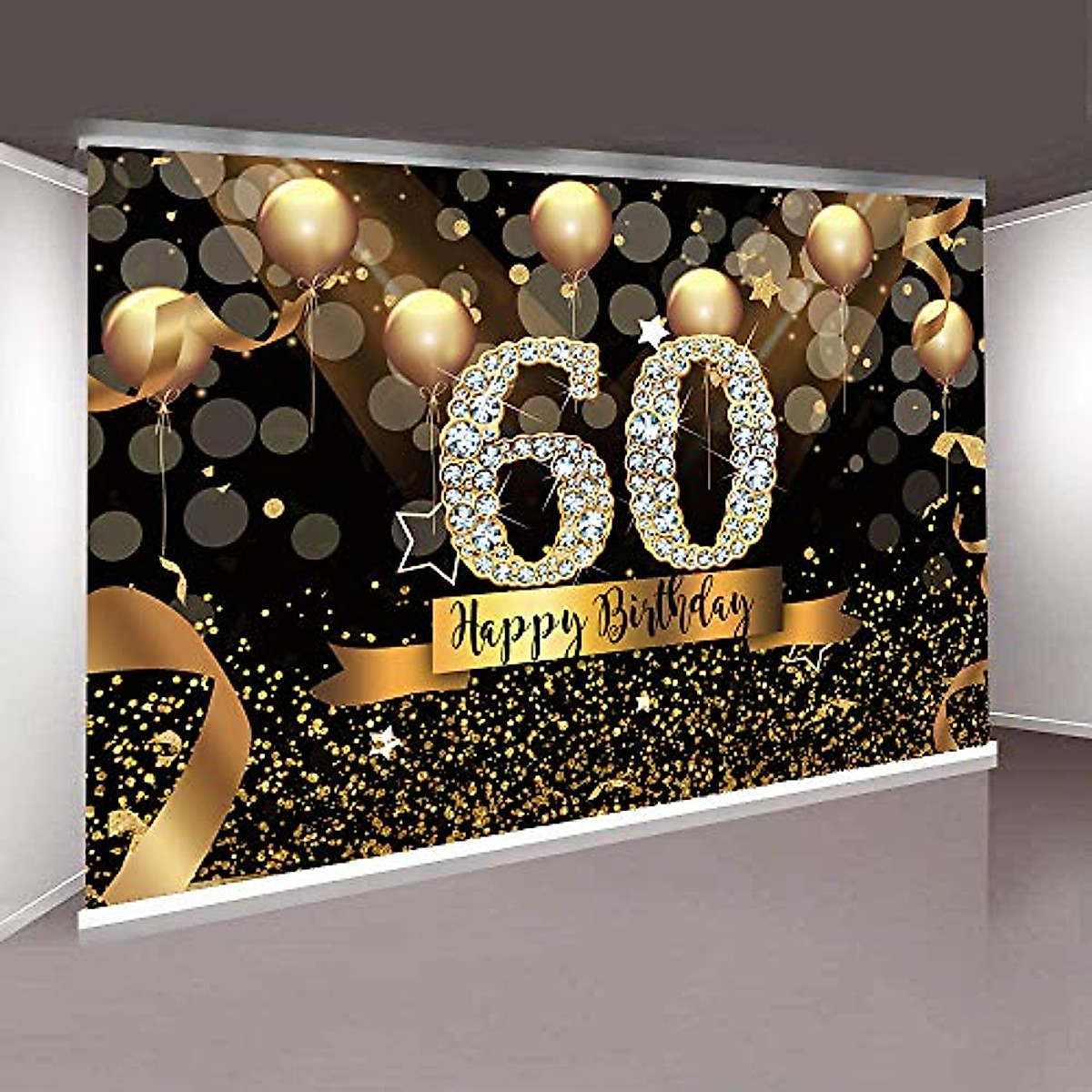 Sensfun Happy 60th Birthday Backdrop for Adult Party 8x6ft Bokeh Circle Glitter Gold Balloon Photography Background Sixty Birthday Black Gold Party Backdrops Diamond 60th Birthday Vinyl Photo Banner