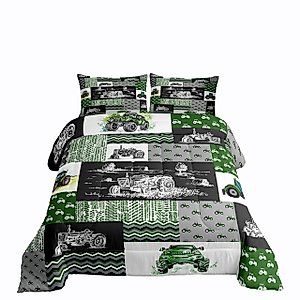 Erosebridal Green Tractor Comforter Set Full Size Farm Vehicle Truck Bedding Set Cartoon Equipment Construction Harvester Down Comforter for Kids Boys Car Bedroom Decor with 2 Pillowcases, Grey