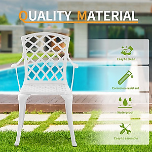 Withniture Outdoor White Cast Aluminum Arm Chair, Set of 2 Patio Dining Chairs, All-Weather Metal Outdoor Chairs w/Armrests, Bistro Chairs Set of 2 for Patio, Deck, Garden, Yard (White B, Set of 2)