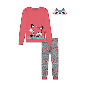 US Angels Dreamlife Girls 3 Piece Long Sleeve Snug-fit Pajama Set with Matching Eye Mask, Size 4, Pink Fox