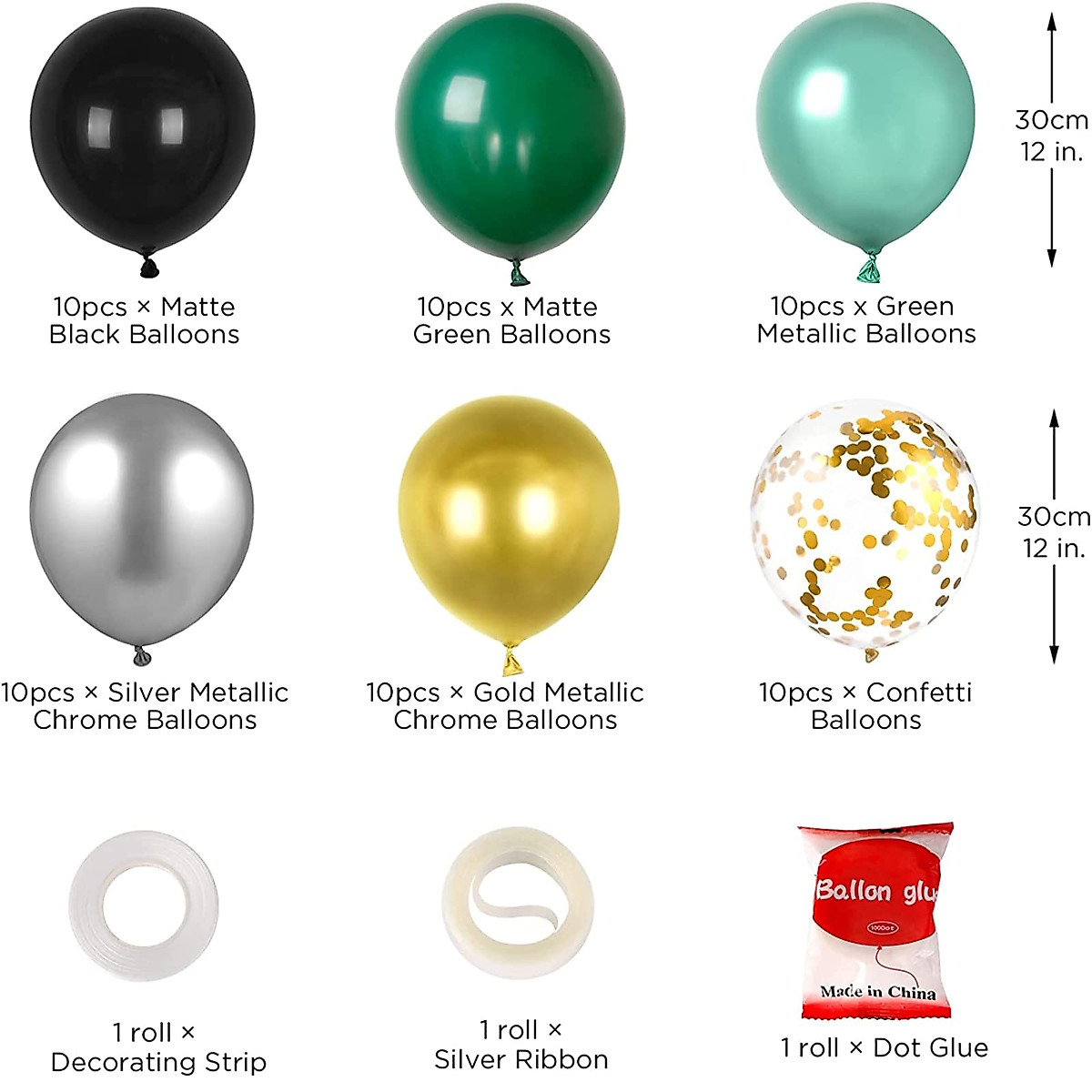 60Pcs Green Party Balloons,GAGAKU 12 Inches Chrome Metallic Dark Green Black Silver Gold Helium Balloon Garland Arch Kit with Latex Green Confetti Balloons for Wedding Baby Shower Birthday