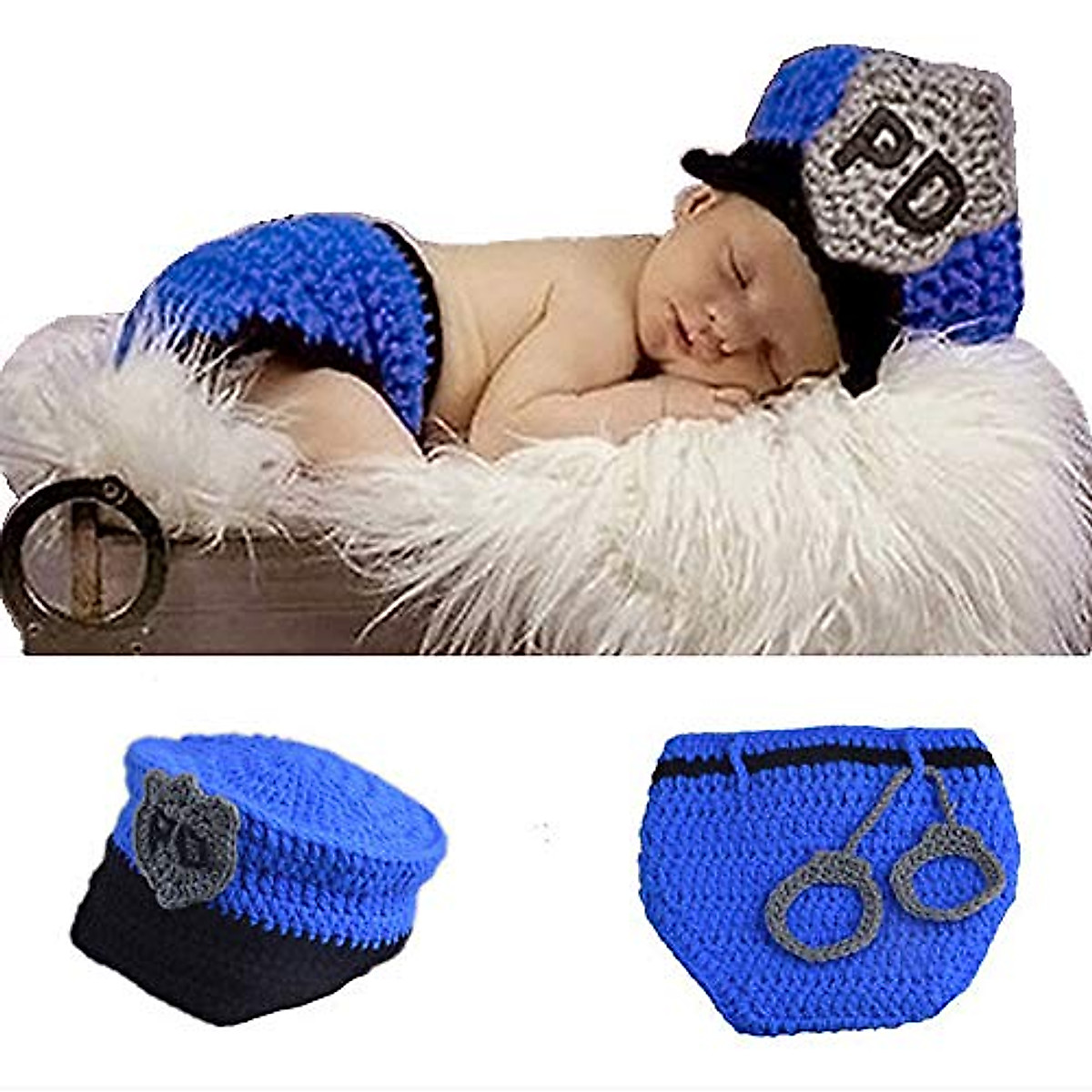 SUNBABY Newborn Baby Handmade Crochet Knitting Costume Infant Photo Photography Prop Hats Pants Suit (Policeman Suit) Medium Size