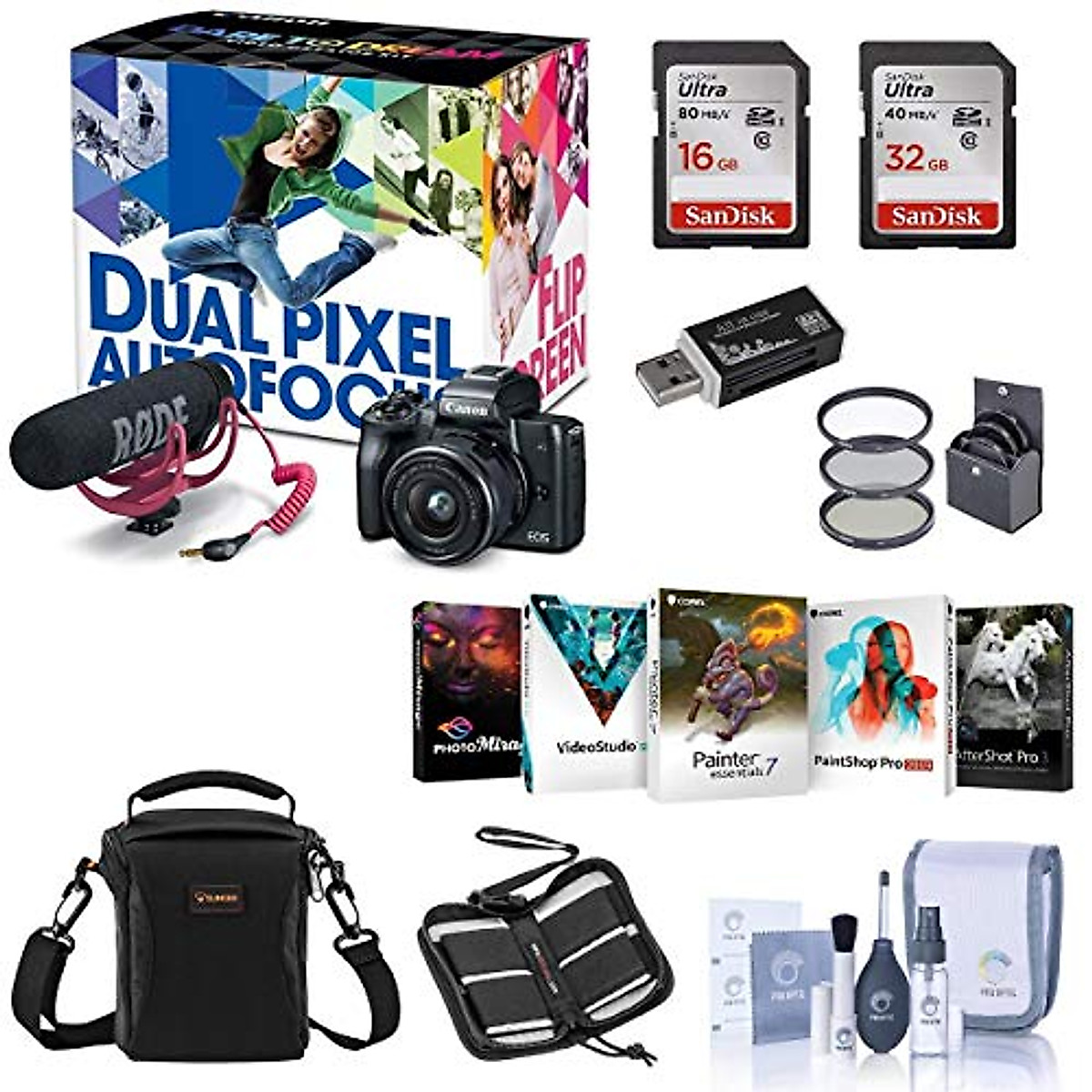 Canon EOS M50 Mirrorless Camera Video Creator Kit w/EF-M 15-45mm Lens, Black, Bundle with Rode VideoMic GO + Cam Bag + 32+16GB SD Card + Case + Reader + Filter Kit + PC Software Kit + Cleaning Kit