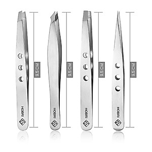 Tweezers Set, Eyebrows Kit Professional Stainless Steel Set - 4 Pieces with Leatherette Travel Case Perfect for Facial Hair, Beauty and Personal Care Tool Hobri International, silver (HTZK-001)