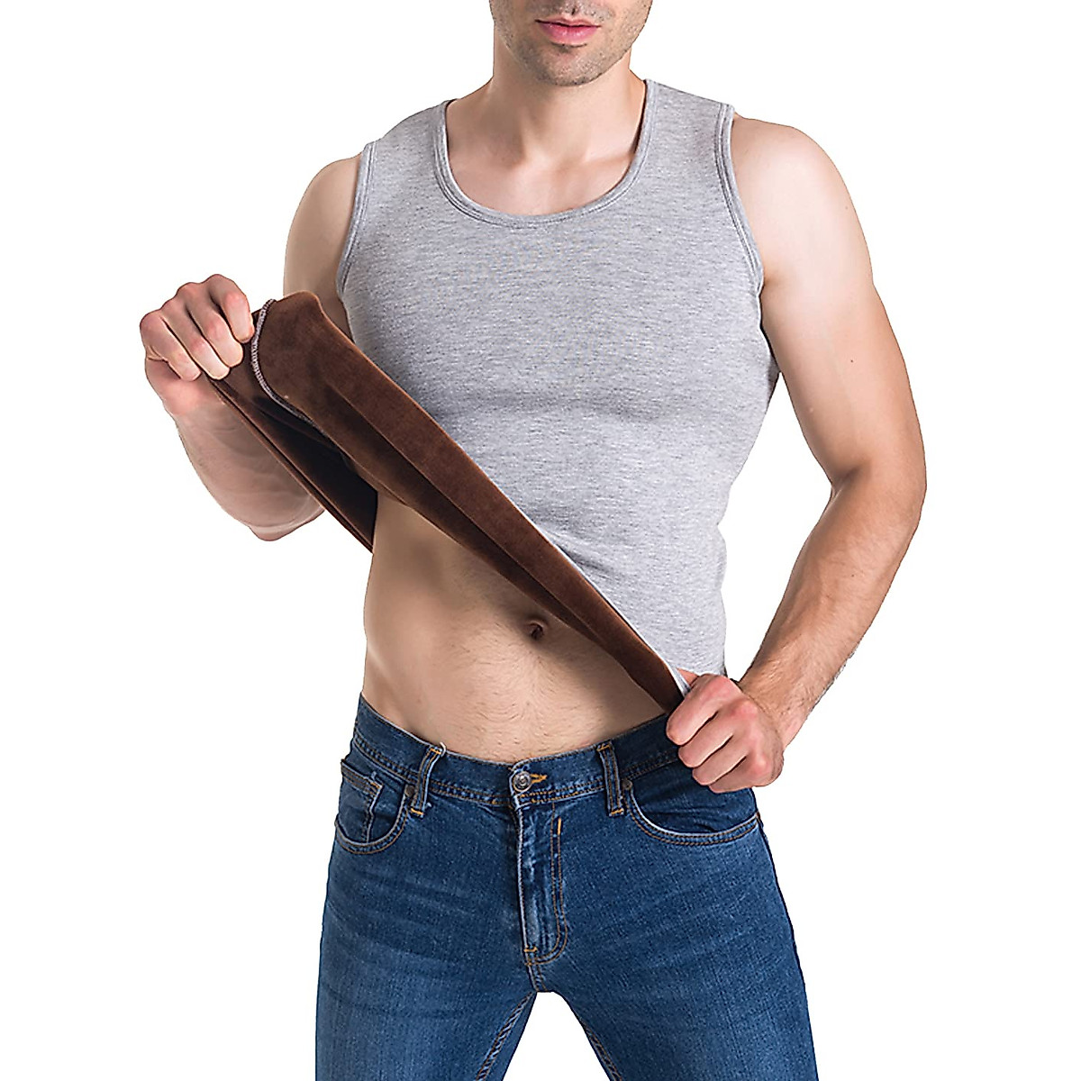 Locachy Men's Cotton Winter Warm Thermal Underwear Sleeveless Vest Fleece Lined Base Layer Tank Top Light Grey L