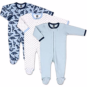 The Peanutshell Baby Sleeper Set for Boys or Girls | 3 Pack in Dinosaur, Solid Blue & Dots | Newborn to 9M Footed Pajamas (Newborn)