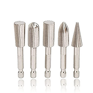 Wisoqu 5Pcs Rotary File Cutting Burrs,14in Hex Shank Double Cut Metal Grinder Drill Bit Set High Speed Steel Rotary File Set,for Carving Polishing