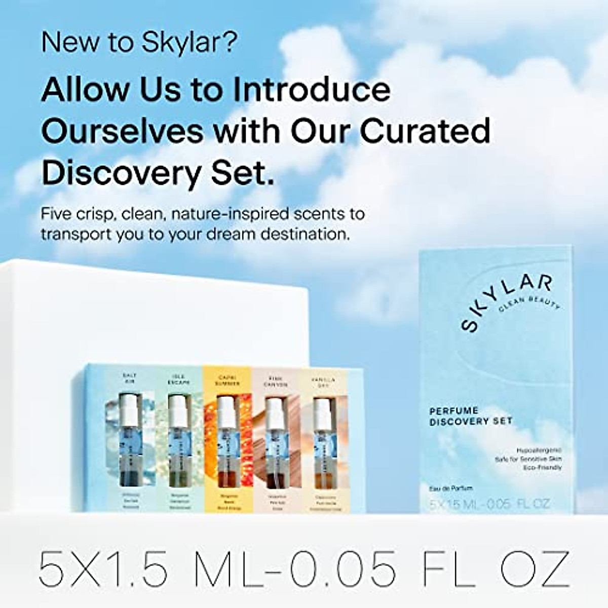 Skylar Eau de Parfum Discovery Set: Clean Perfume Samples for Women & Men - Mini Perfume Set, Mini Perfumes for Women, Fragrance Sets - Hypoallergenic & Vegan - 5x1.5mL Fresh Perfume Samples