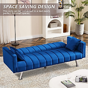 AWQM Sofa Bed, Upholstered Convertible Sofa Bed with 2 Pillows, Modern Velvet Sleeper Sofa Couch with Wooden Frame and Metal Legs, Small Couch for Living Room Bedroom Office (Blue)